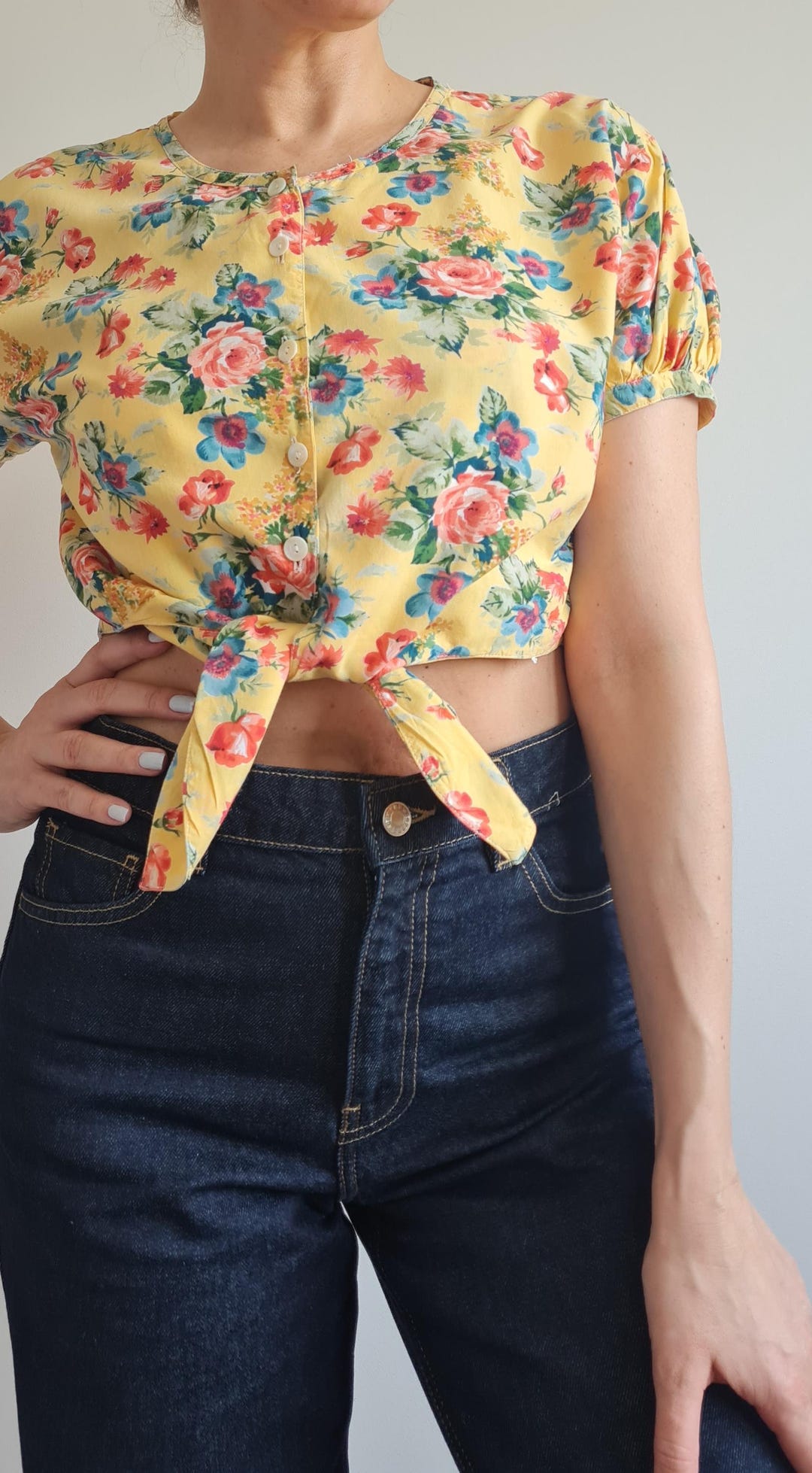 1980s Rene Derhy Tied Short Sleeve Floral Crop Top|vintage Short Summer ...