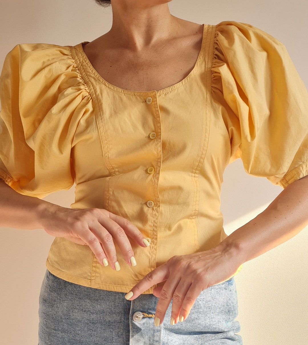 1970s CHACOK Pale Yellow Blouse|french CHACOK Vintage Crocus Top|size M ...
