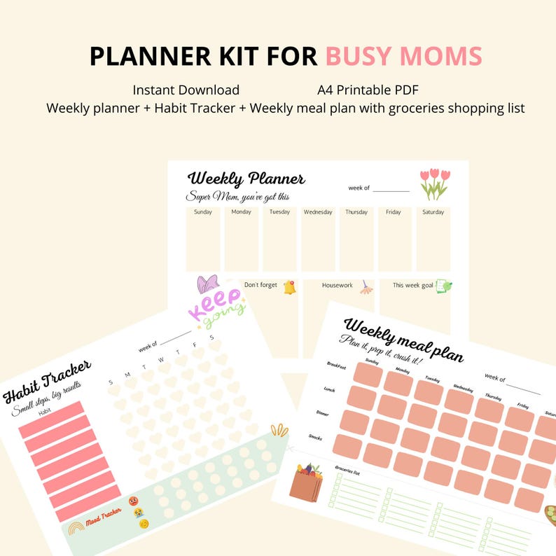 Mom Planner Printable | Weekly Organizer + Habit & Mood Tracker + Meal ...