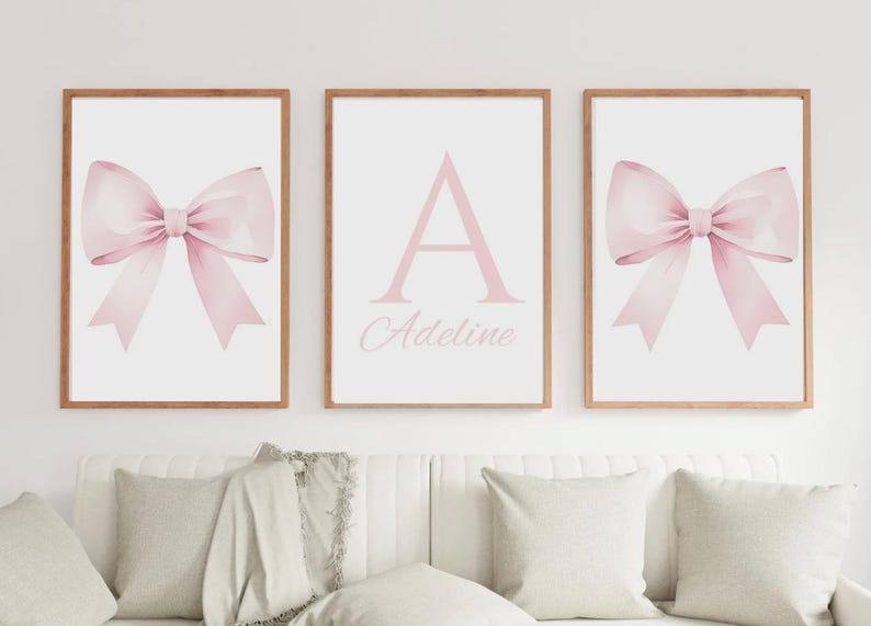 Pink Bow Custom Nursery Art, Pink Nursery Set of 3, Wall Art, Digital ...