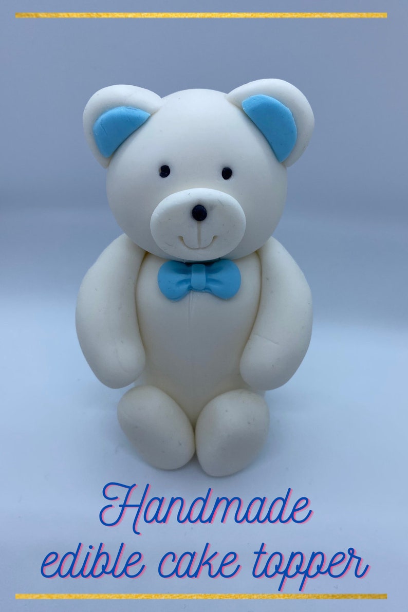 Edible Fondant Cake Topper White Teddybear Sugar Teddy Pink Blue Gender ...