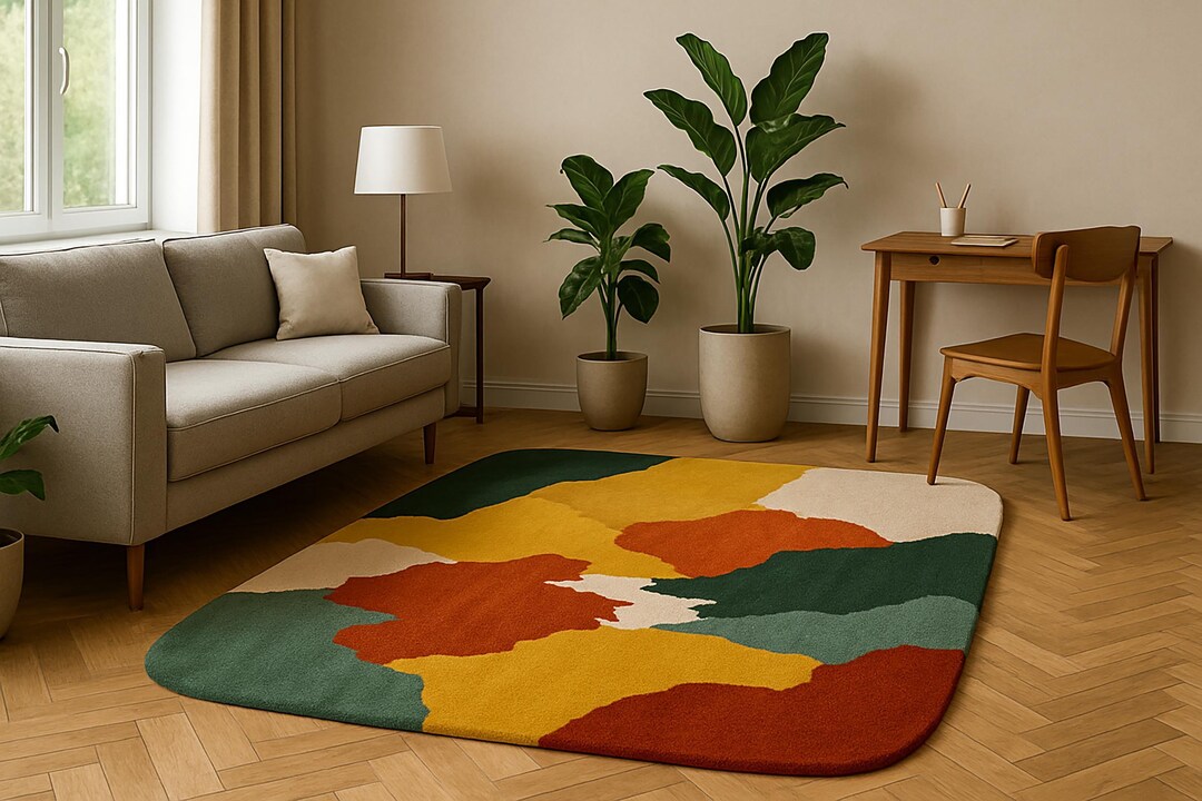 Modern Abstract Colorblock Rug – Green, Mustard, Rust & Ivory | Soft ...