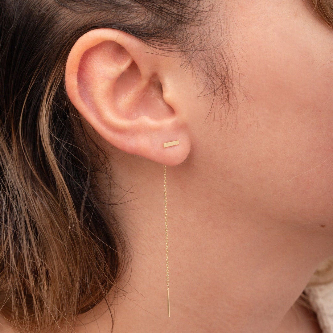 T-bar Threader Earrings 14K 18K Solid Gold, Simple 7mm Bar Threader ...