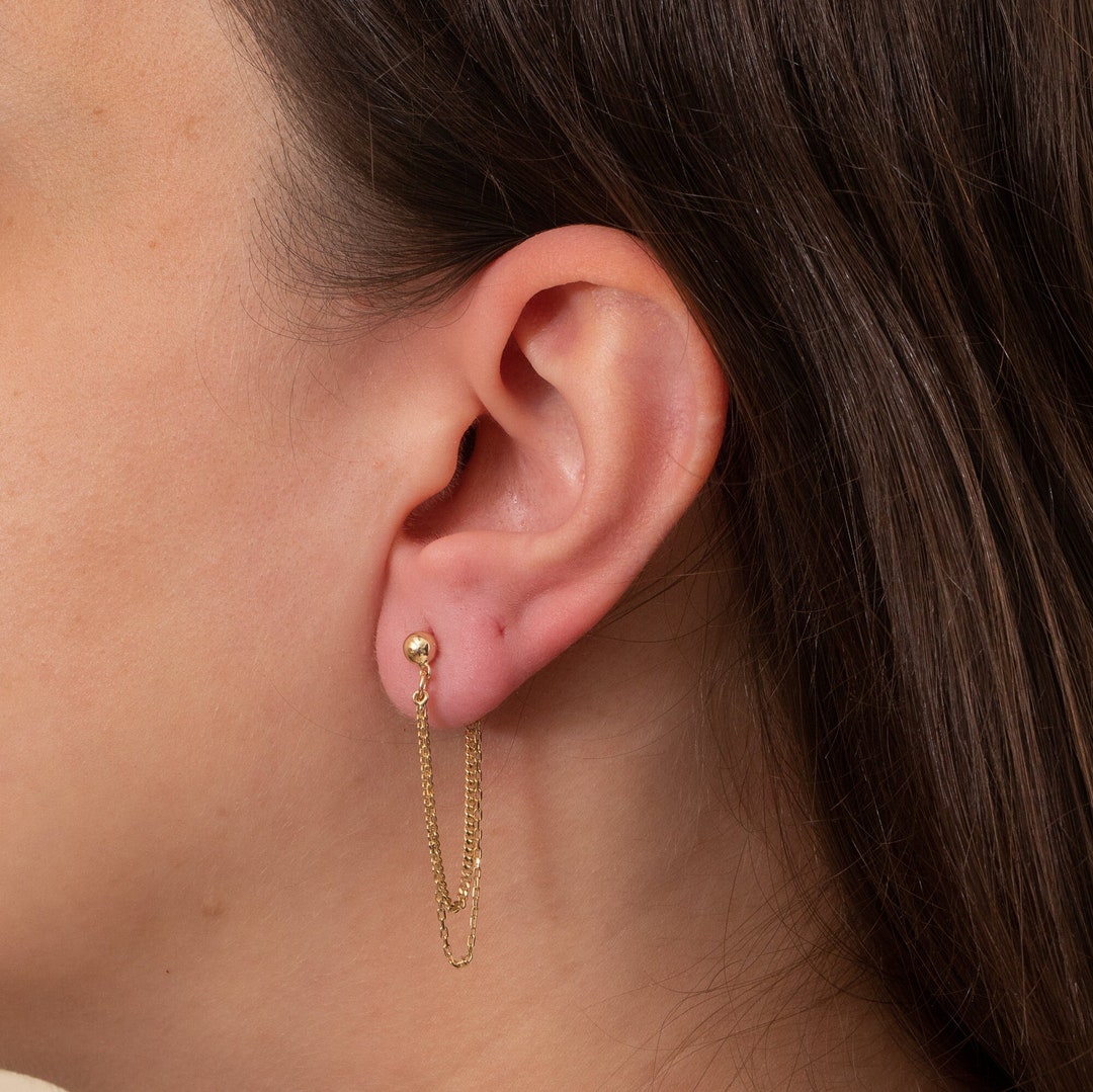Double Chain Earrings, 14K Real Gold Wheat&cable Chain Earrings, Cuban ...