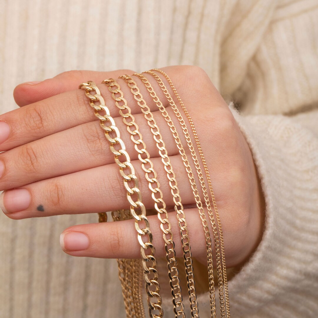 14K Real Gold Curb Cuban Chain Bracelet, Hollow Curb Cuban Chain, Yellow Gold Curb Chain ...