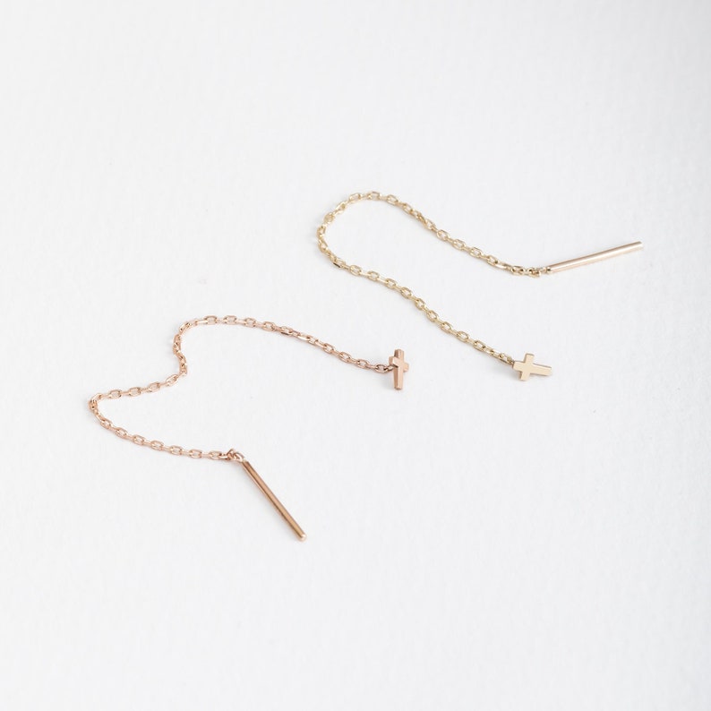 T-bar Threader Earrings 14K 18K Solid Gold, Simple 7mm Bar Threader ...