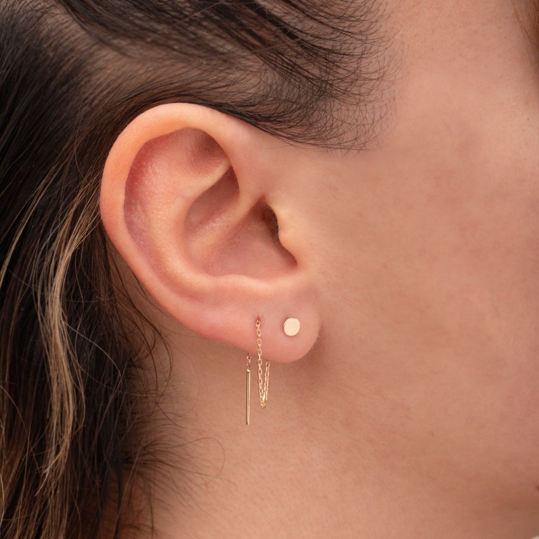 Threader Mini Disc Earrings 14K 18K Solid Gold, Tiny Dot Threader Earrings, Minimalist Moon ...