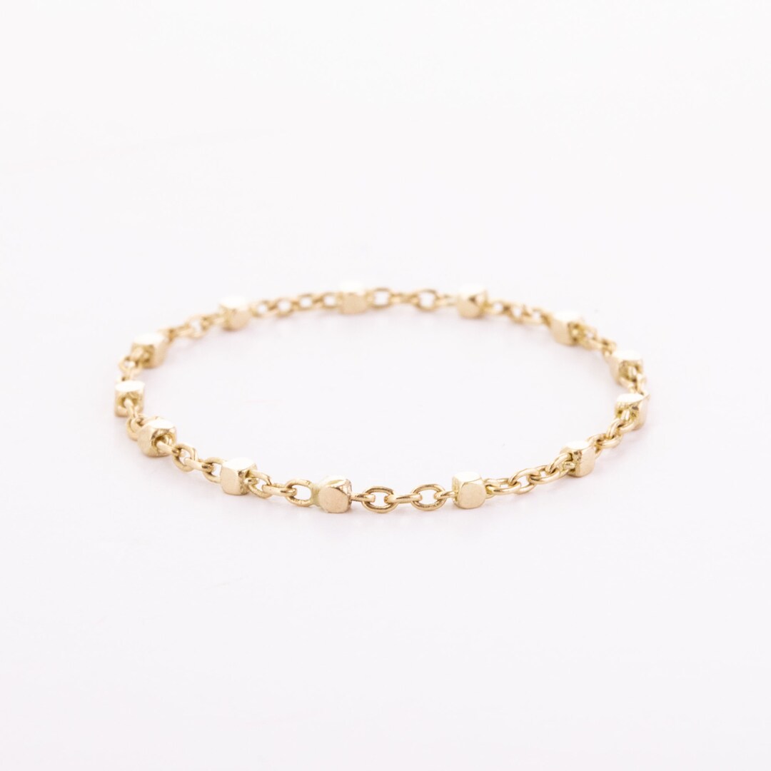 14K Solid Gold Chain Cube Ring, Real Gold Cable Chain With Tiny Cubes ...