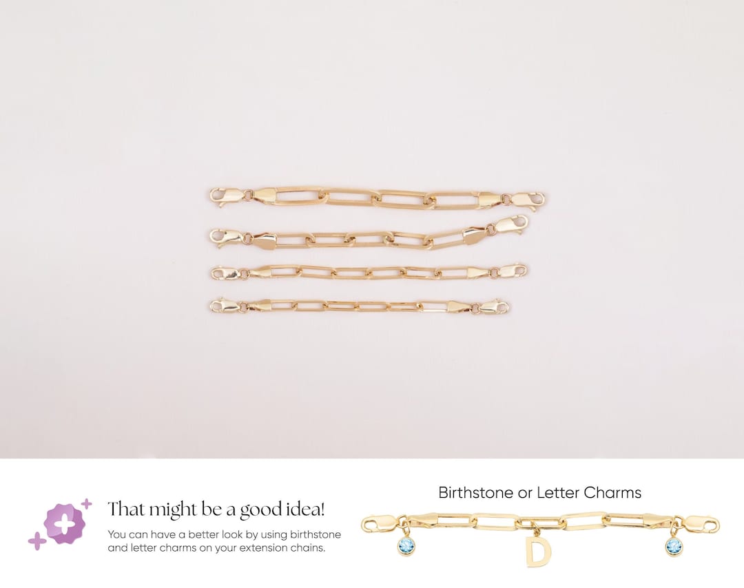 Two Clasp Paper Clip Chain Extender, 14K Real Gold Connector Chain ...