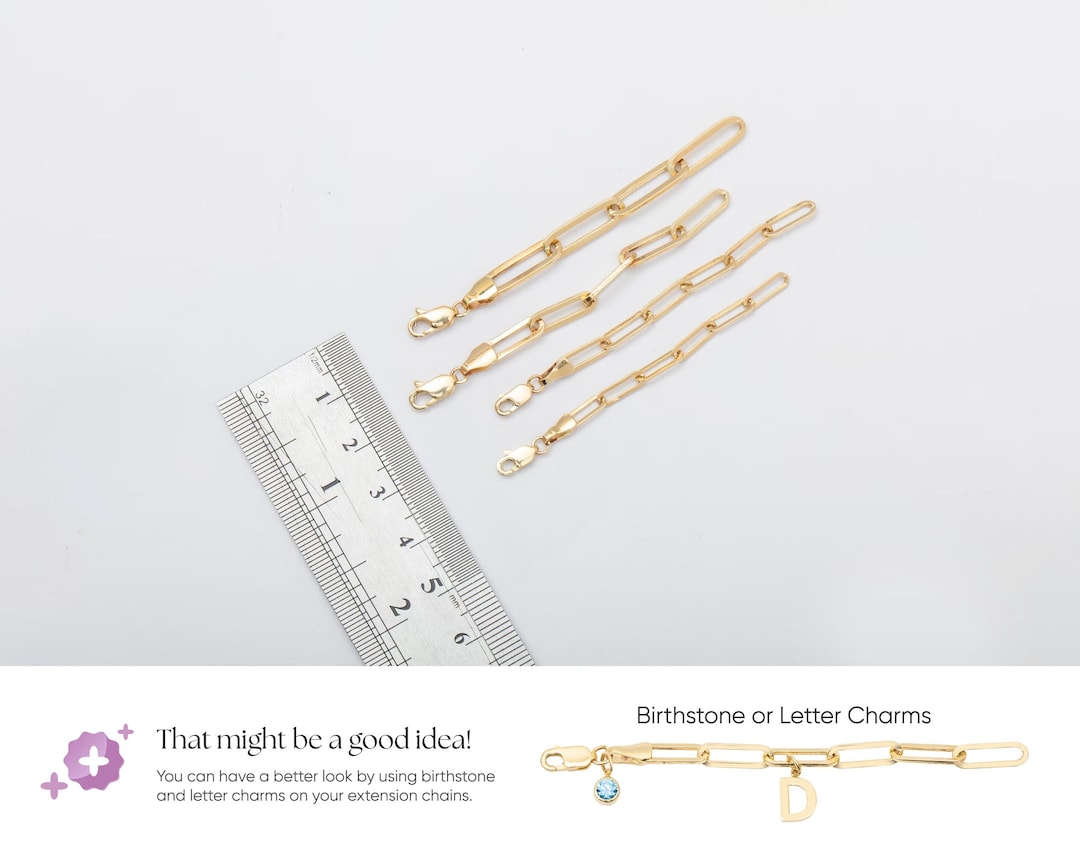 Paperclip Necklace or Bracelet Extender 14K REAL Gold, 3.10mm 3.60mm 4 ...