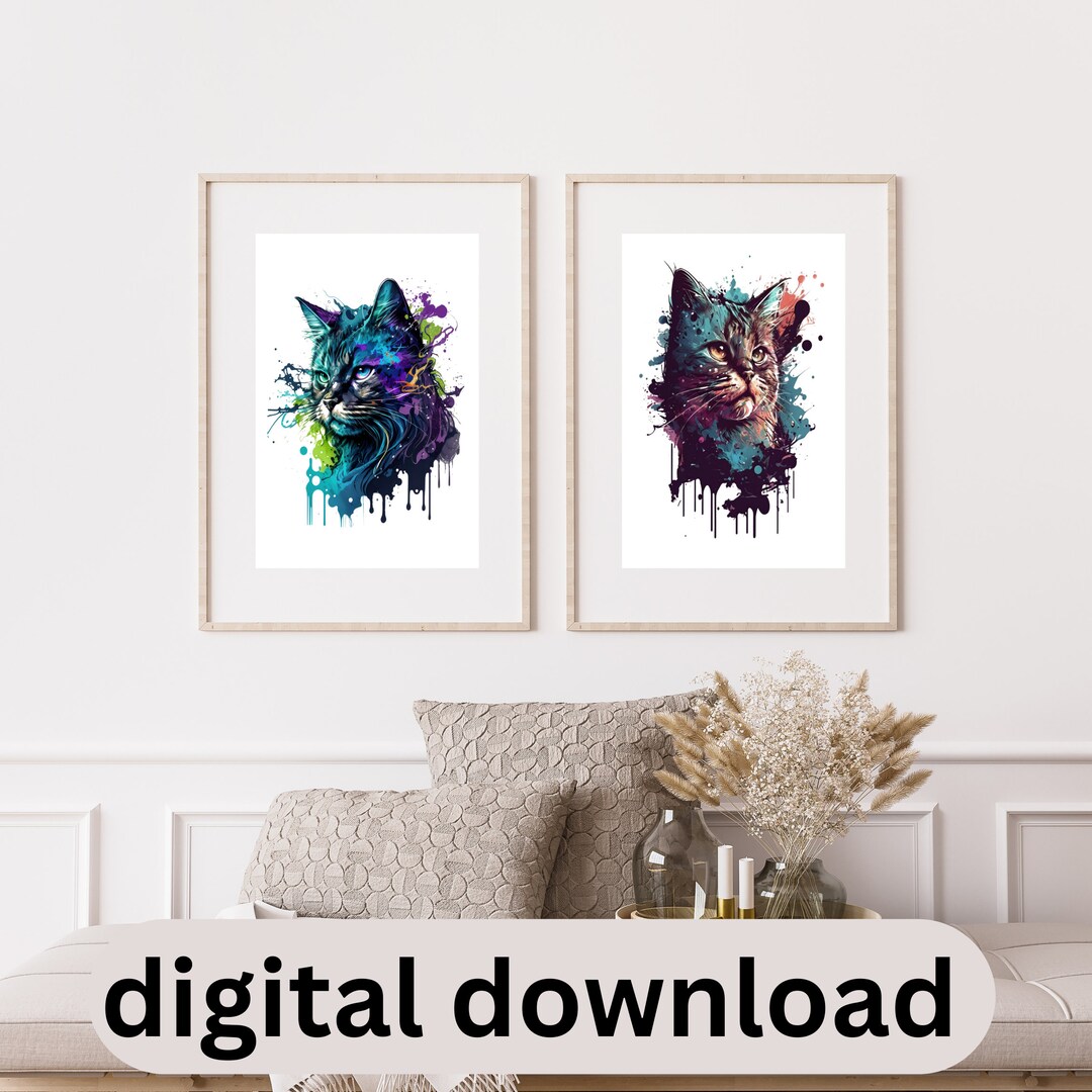 Cute and Colorful Watercolor Cat Digital Printable Art - Etsy