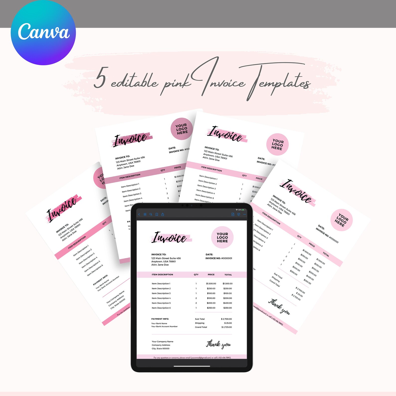 Pink Invoice Templates for Canva, Invoice Template for Small Business ...