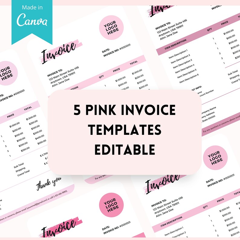 Pink Invoice Templates for Canva, Invoice Template for Small Business ...