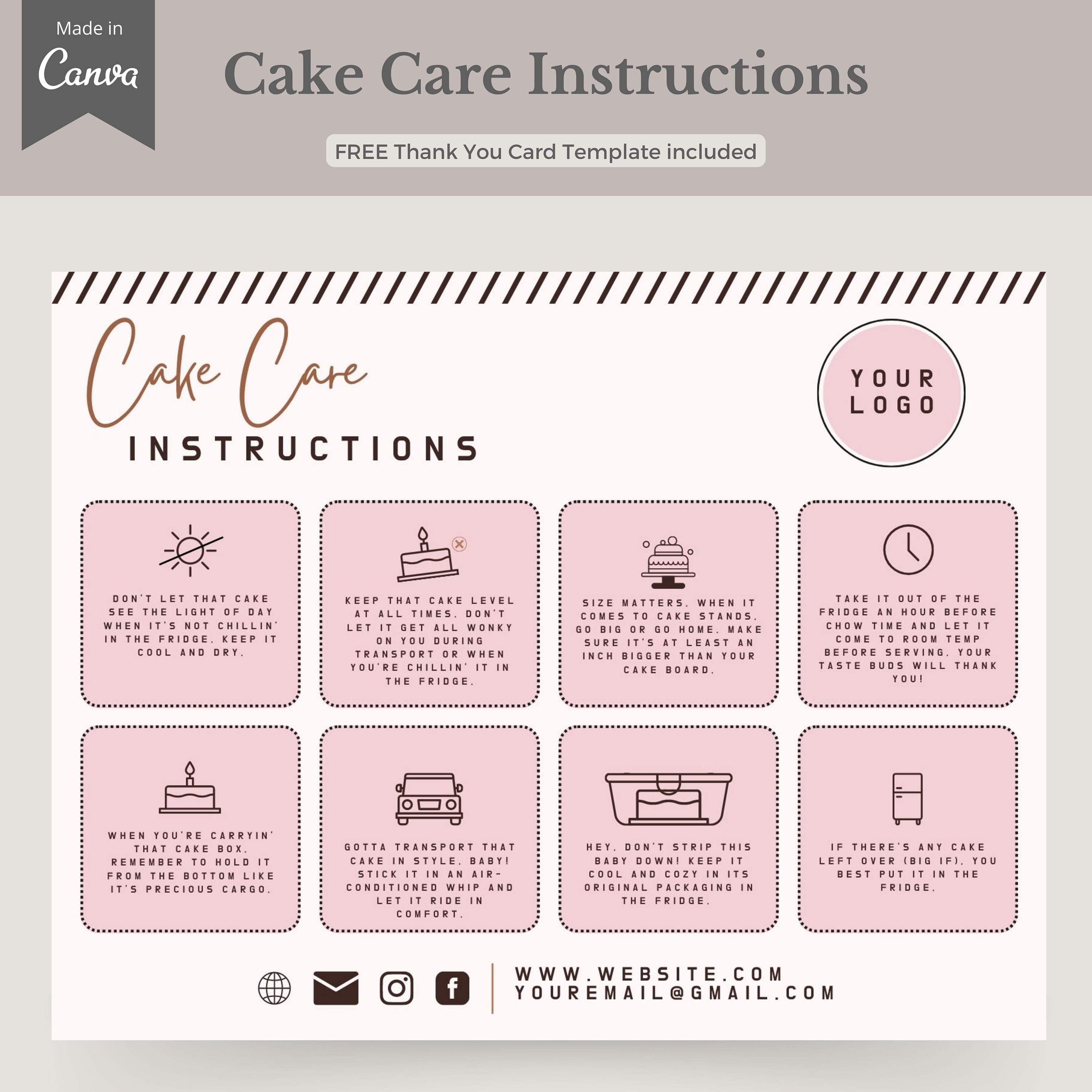Cake Care Card Canva Template, Canva Editable Wedding Cake Care Cards ...