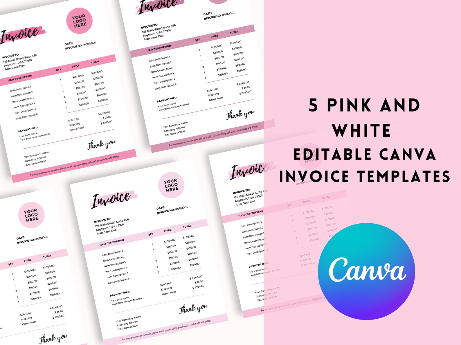 Invoice Editable Template, Printable Order Form Invoice, 5 Premade ...