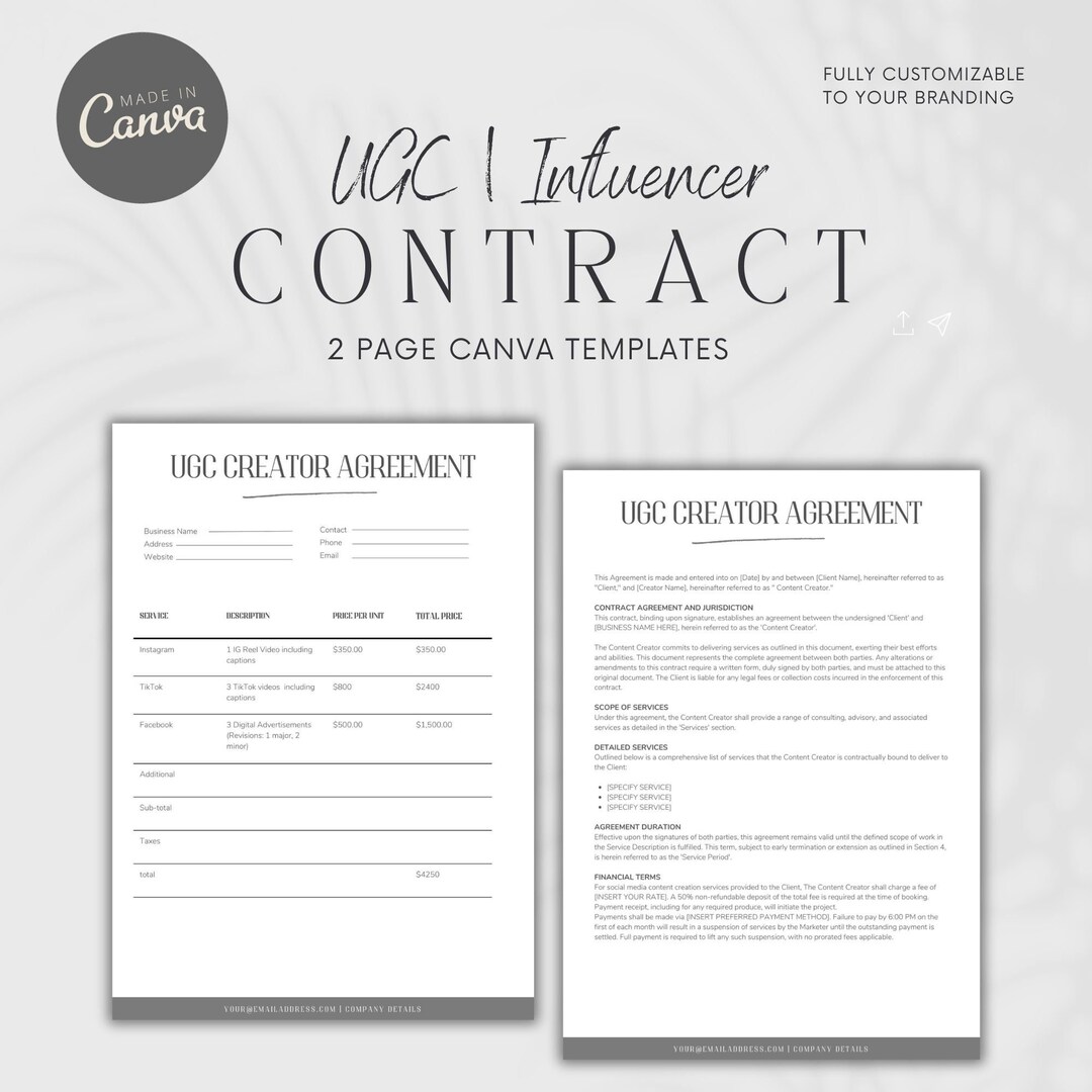 Plantilla Canva de contrato de creador de UGC, contrato de influencer ...