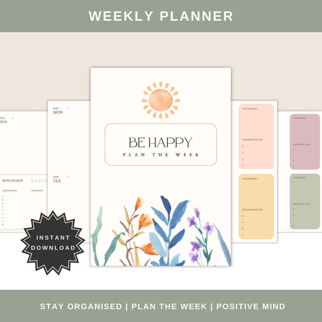 Be Happy Weekly Planner Printable Weekly Planner Write Down Your ...