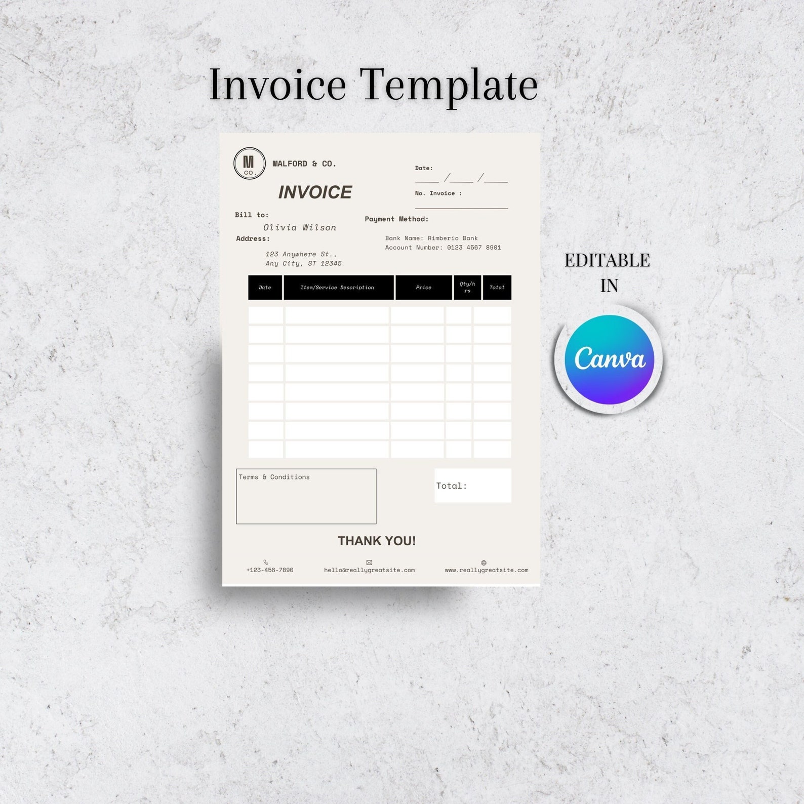 Invoice Template Editable, Editable Canva Business Template, Small ...