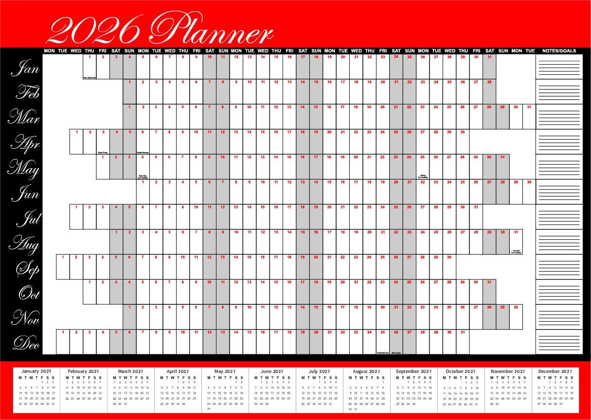 2026 A3 - 1.6M Year Planner Wall Calendar Home Office Red Black ...