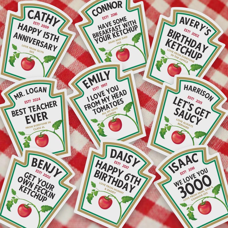 Personalised Vinyl Tomato Ketchup Label Sticker Printed Birthday Xmas ...