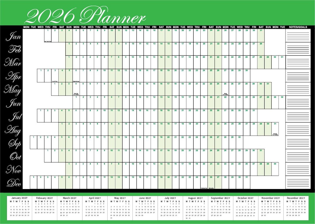 2026 A3 - 1.6M Year Planner Wall Calendar Home Office Green Black ...