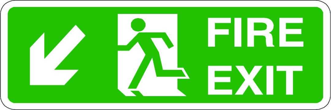 Down Left Arrow Green Fire Exit Signage Acrylic Vinyl Sign Sticker ...