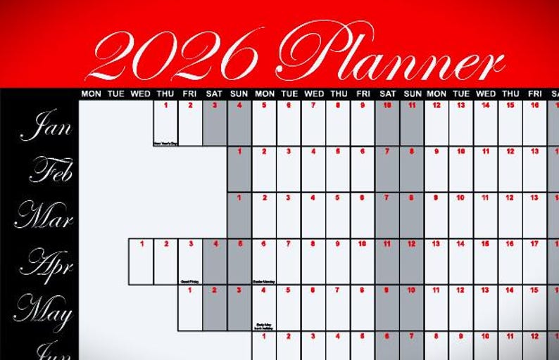 2026 A3 - 1.6M Year Planner Wall Calendar Home Office Red Black ...