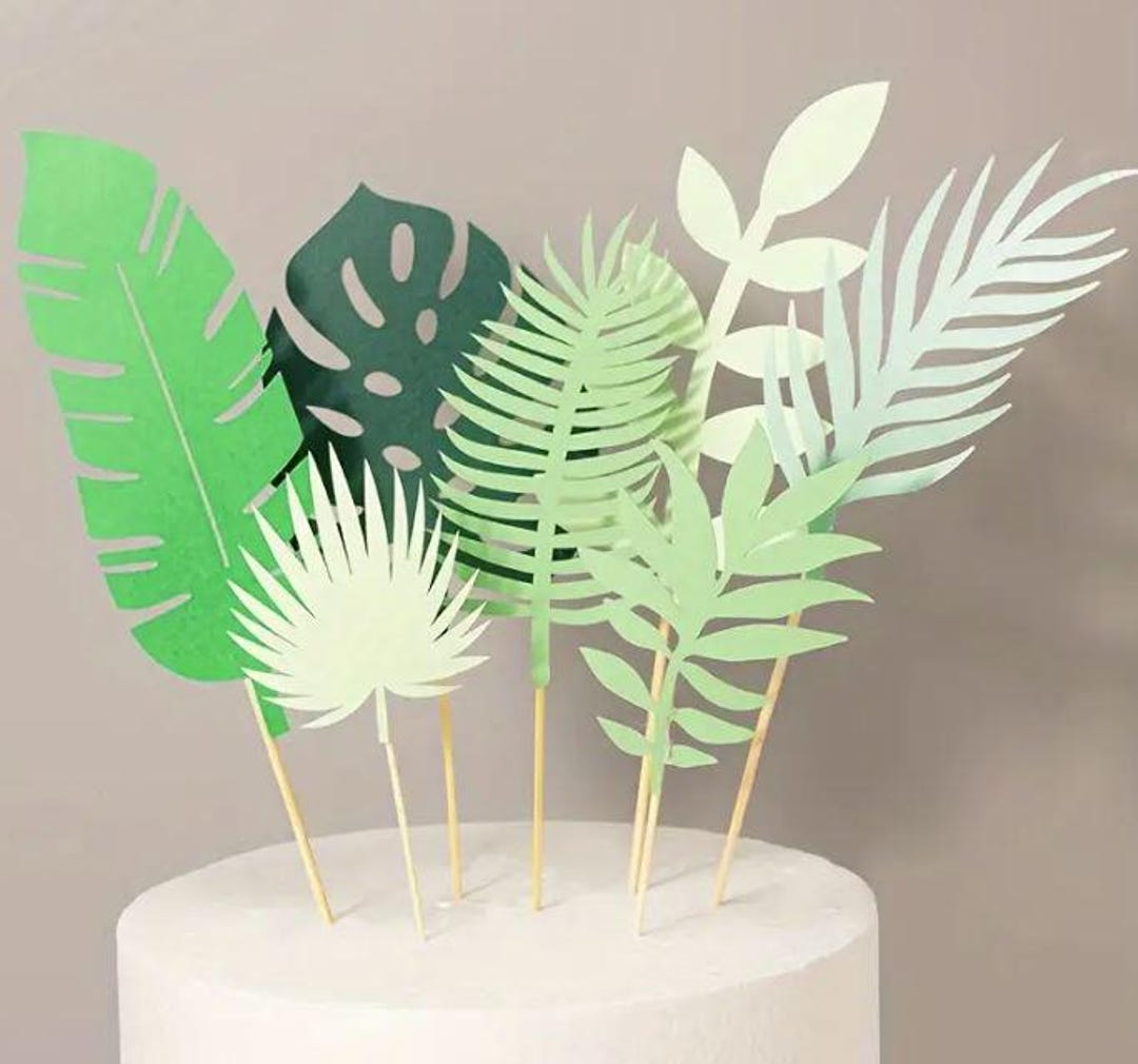 Tropical Palm Leaf Cake Decorations, 7 Pieces, Summer Party Green Leaf ...