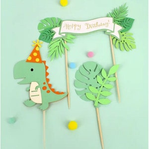 Green Dinosaur Delight: 4pcs Dino & Leaf Cake Topper! - Etsy