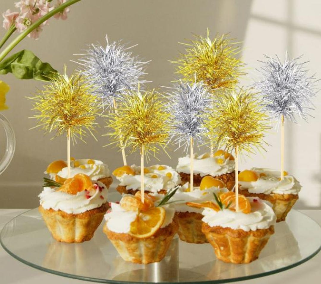 Foil Firework Cupcake Toppers - Sparkle Tinsel Cake Decorations ...