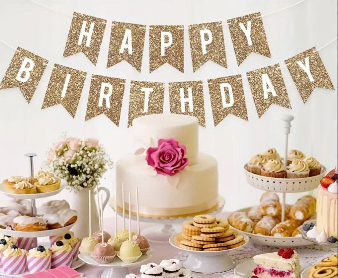 Gold Happy Birthday Pennant Flags, Bunting Banner Hanging Decoration ...