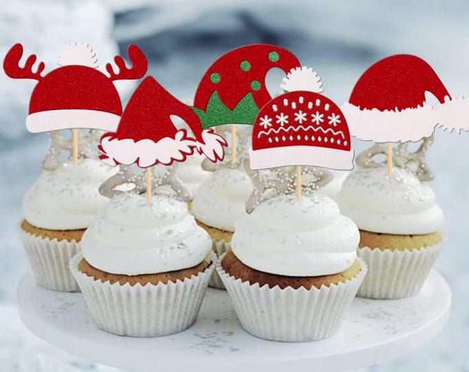 Christmas Glitter Cake Toppers - Santa Claus Hat & Insert Card ...