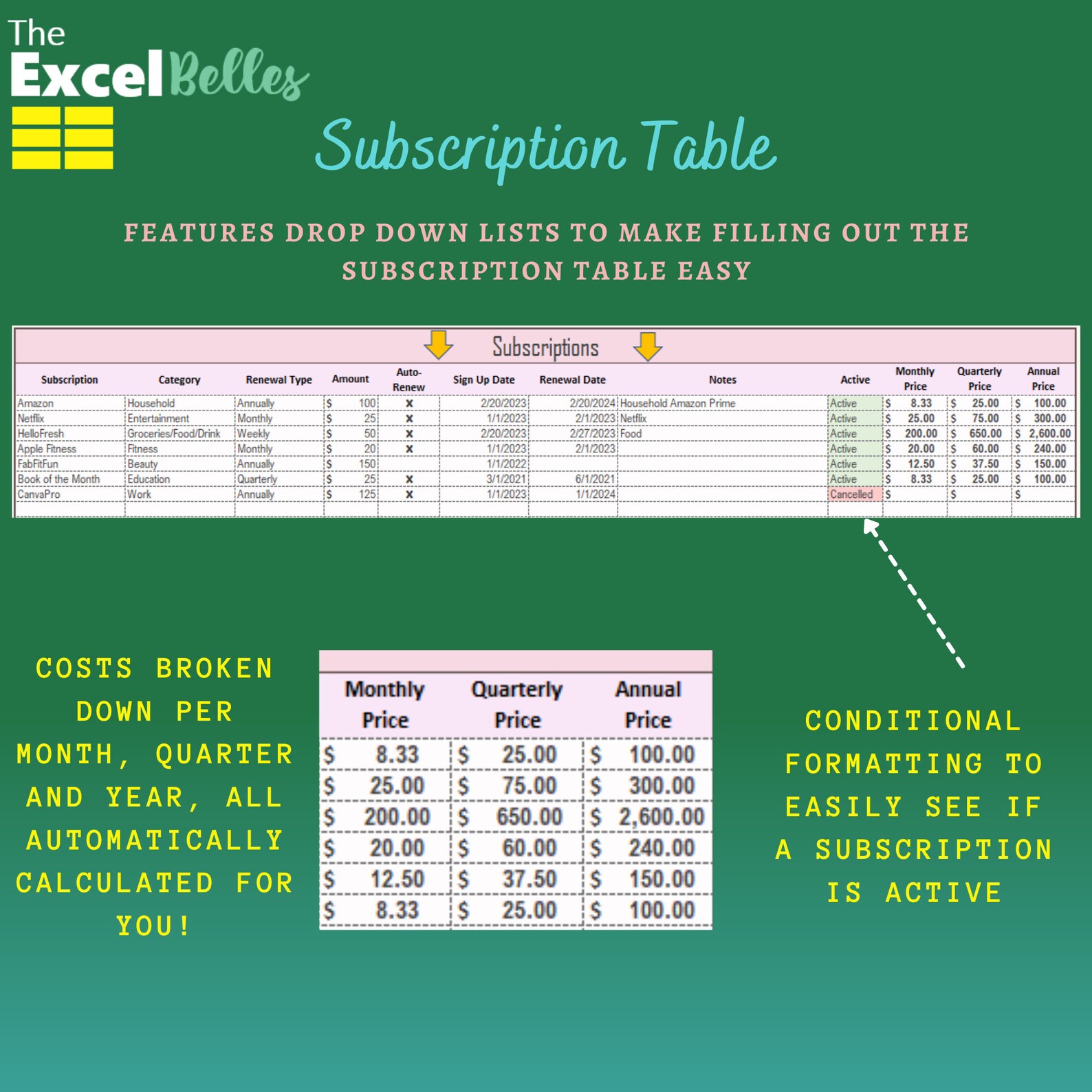 PINK Basic Subscription Tracker Spreadsheet - Etsy