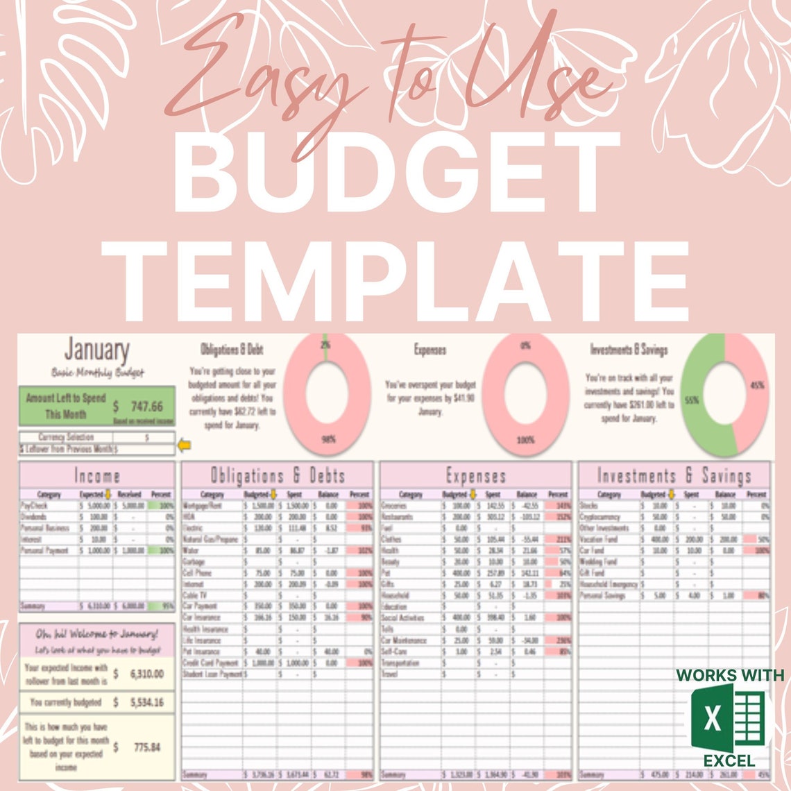 Save Money, Easy to Use Monthly Budget Template Spreadsheet Tracker for ...