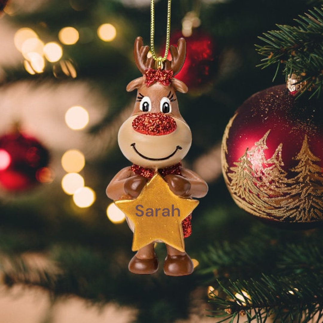 Personalised Cute Reindeer Christmas Tree Decoration With Name ...