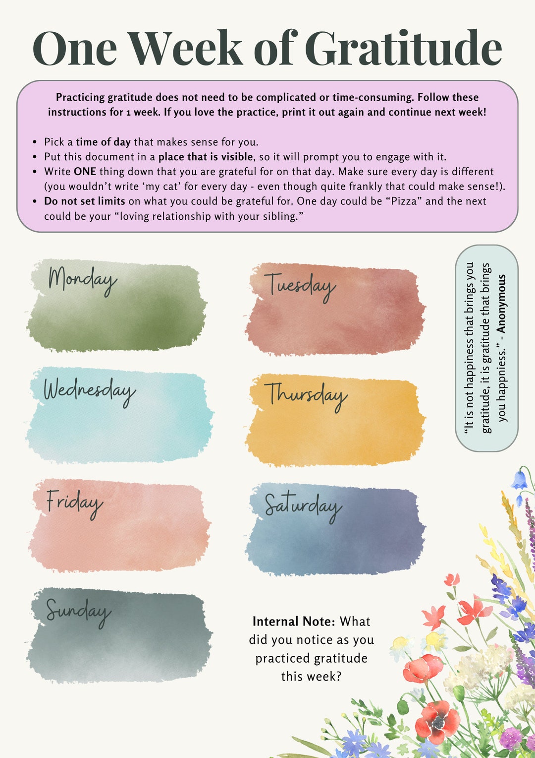 One Week Gratitude Journal Page - Etsy