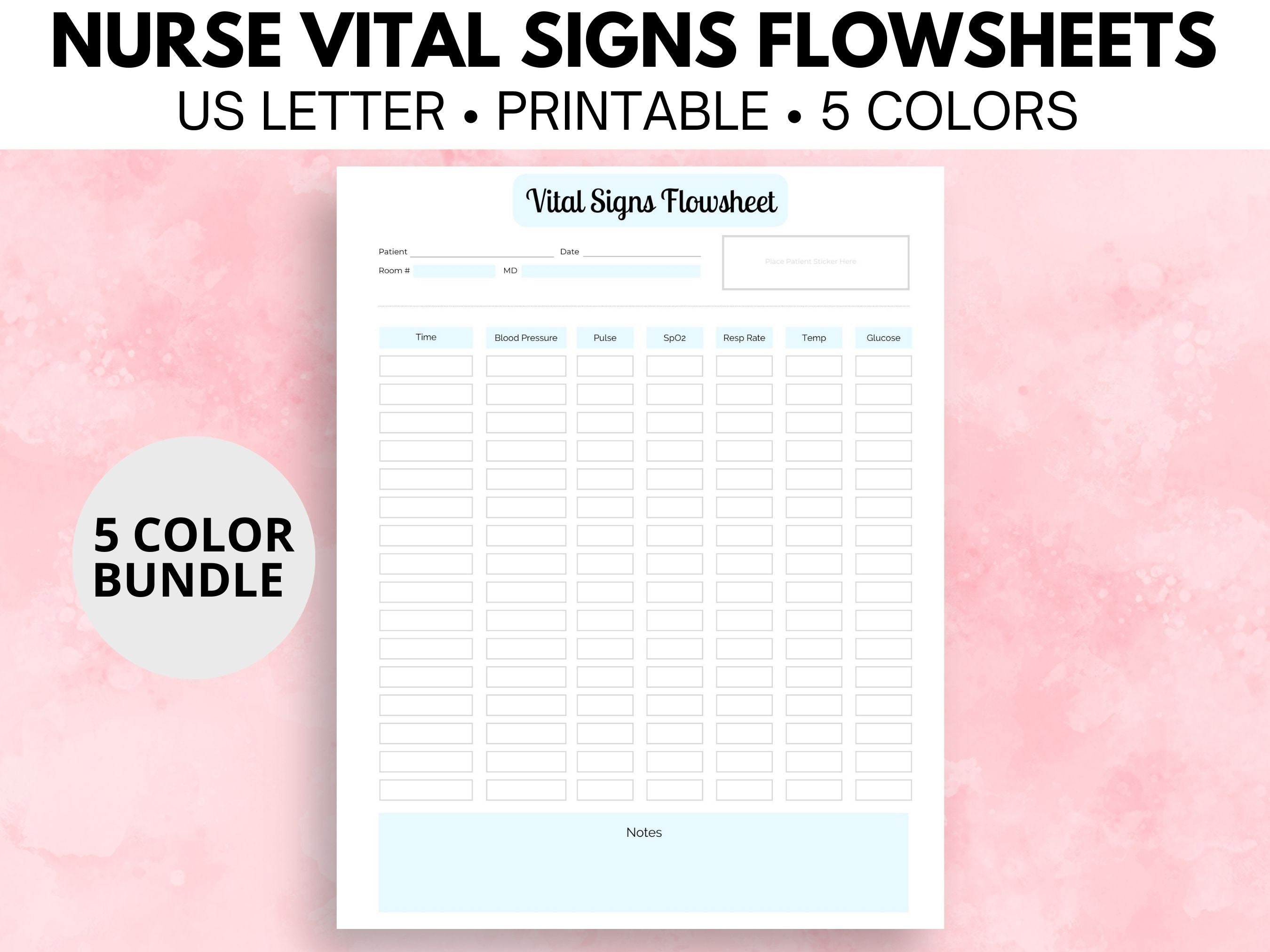 Nurse Vital Signs Flowsheet Bundle (5 Color) | Printable PDF - Etsy