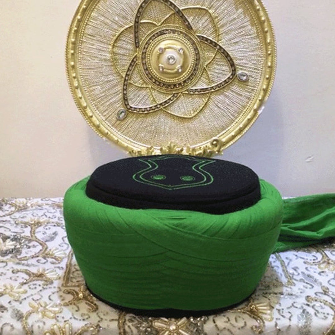 Islamic Green Sarık Turban – Black Flat Top With Embroidery ...