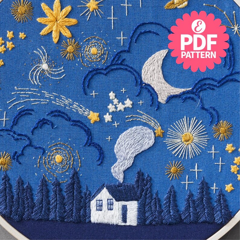 Starry Night Embroidery Hoop Pattern: Celestial Design (digital ...