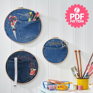 Embroidered Denim Pocket Storage Hoops - 3 Designs, Love Embroidery ...