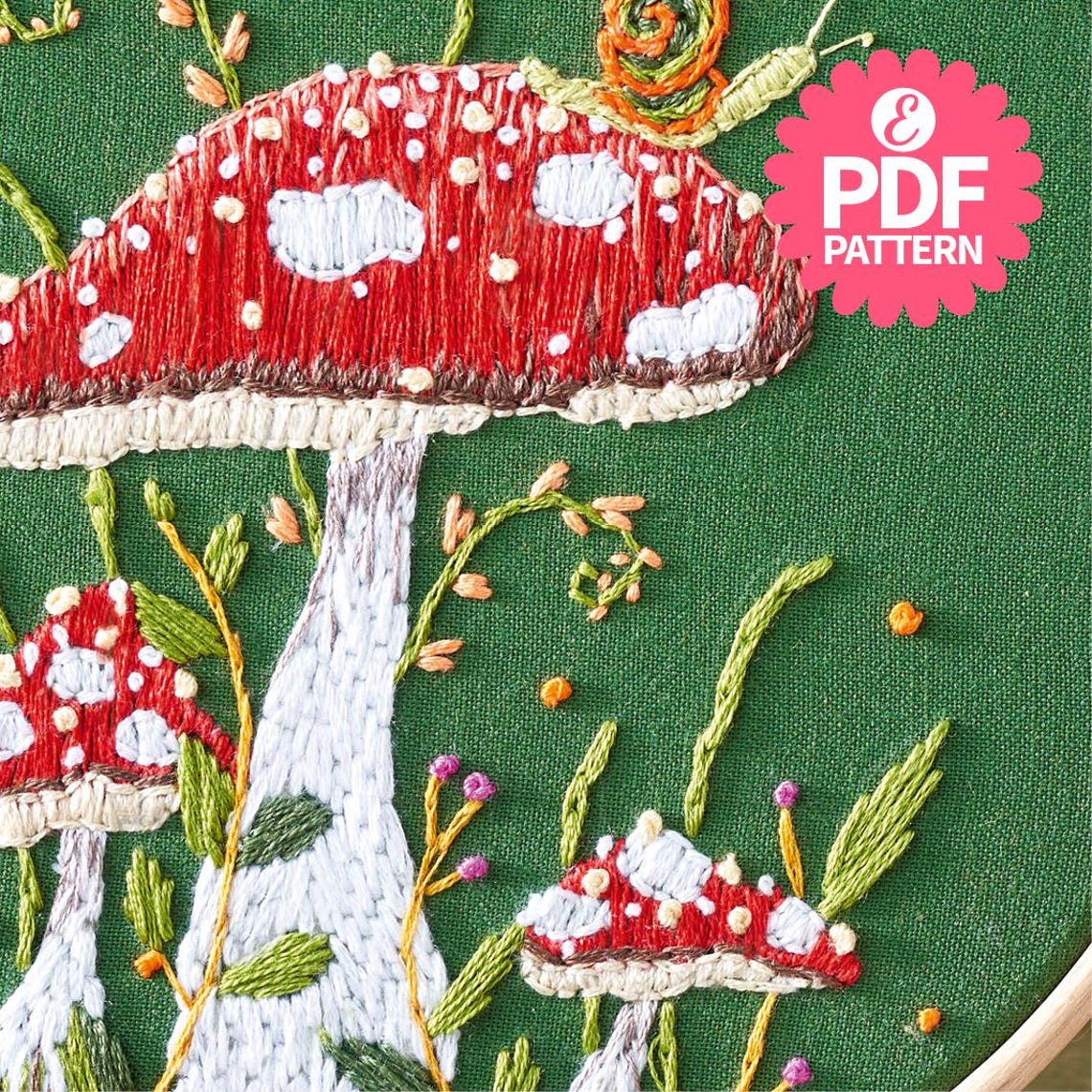 Autumn Toadstool Embroidery Pattern With Snail (digital Download) - Etsy