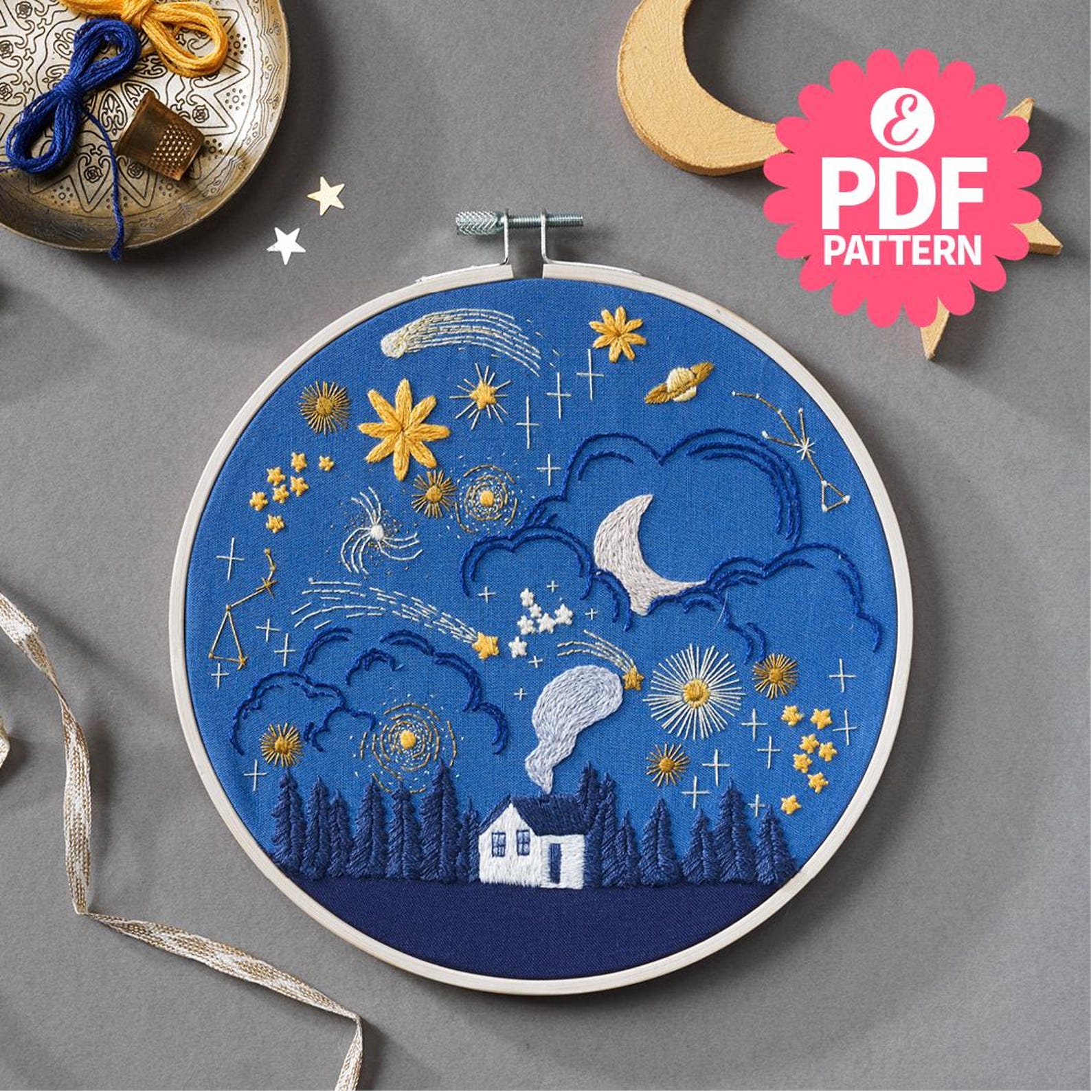 Starry Night Embroidery Hoop Pattern: Celestial Design (digital ...