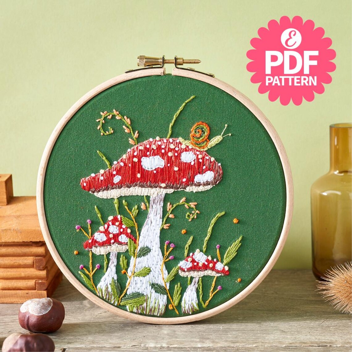 Autumn Toadstool Embroidery Pattern With Snail (digital Download) - Etsy