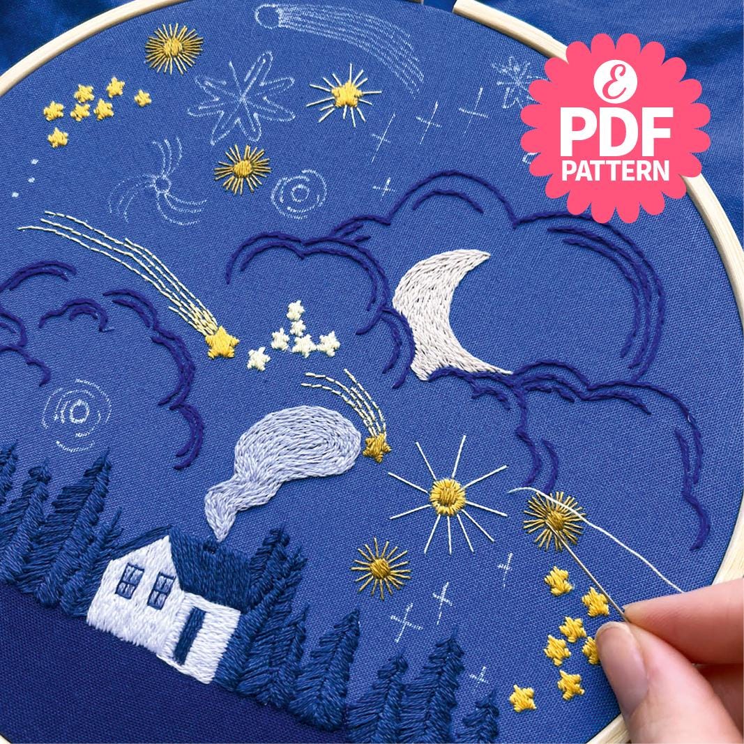 Starry Night Embroidery Hoop Pattern: Celestial Design (digital ...