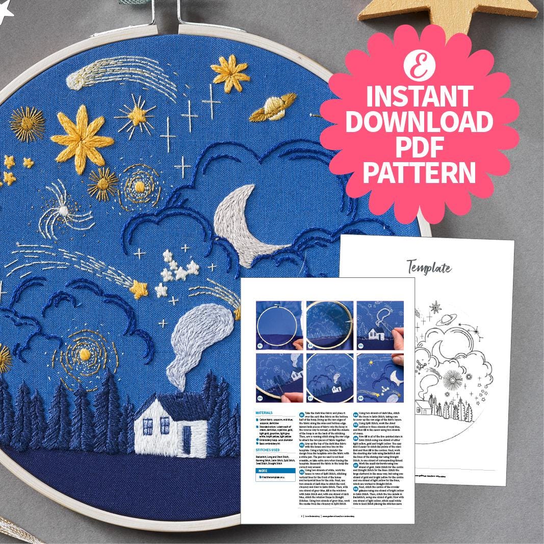 Starry Night Embroidery Hoop Pattern: Celestial Design (digital ...