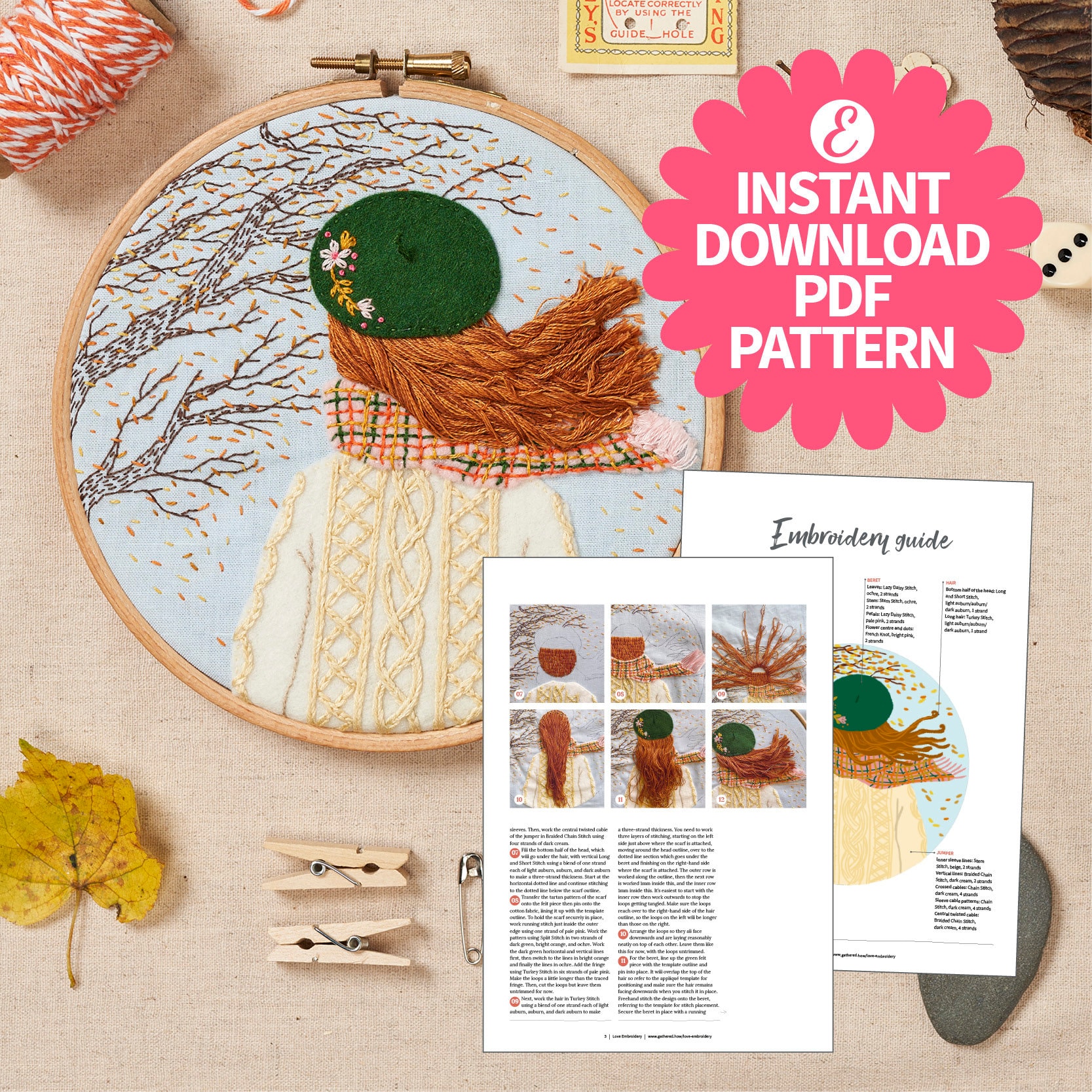 Autumn Walk 3D Hair Embroidery Design: Woodland Scene (PDF Pattern ...