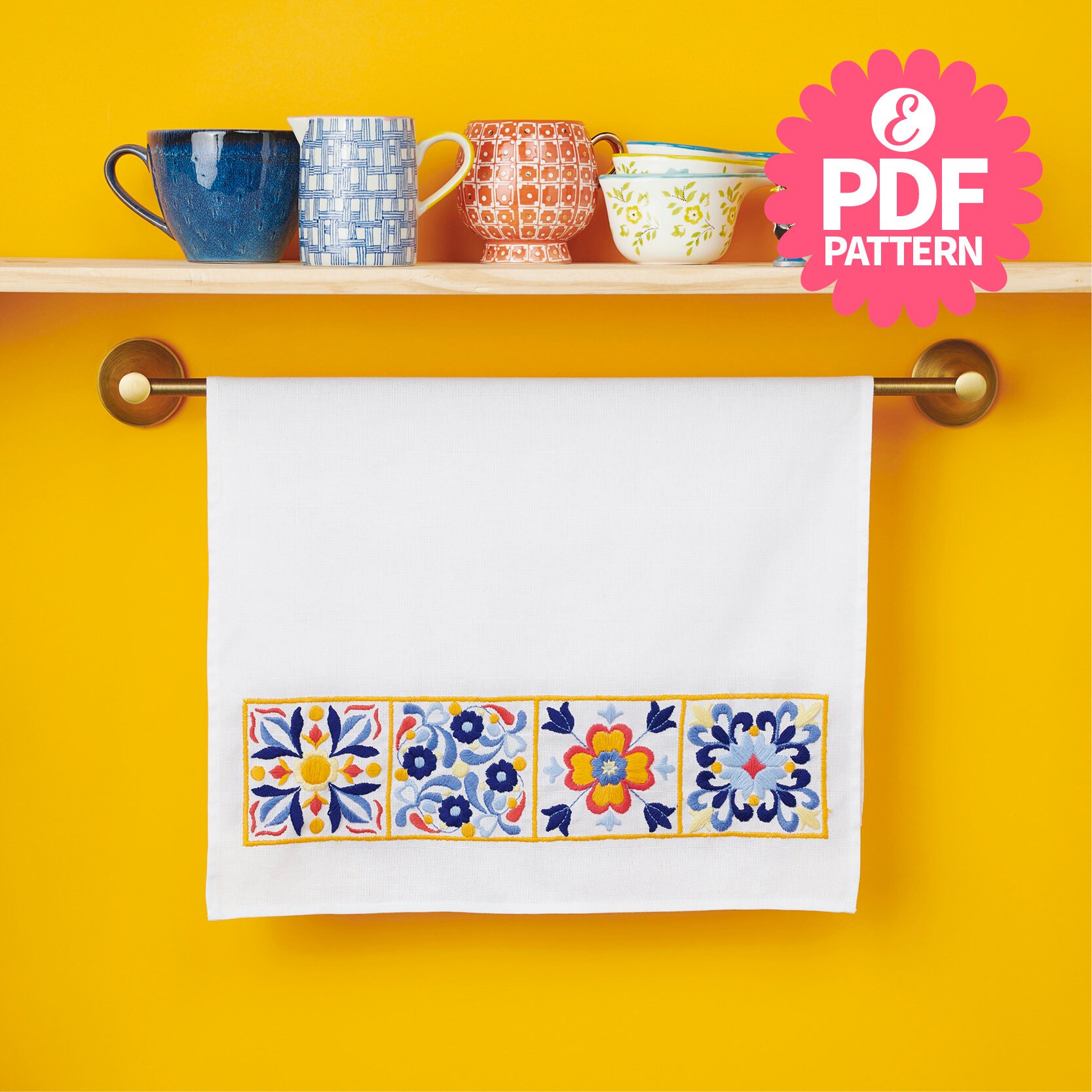 Tile Motifs Hand Embroidery Pattern: Beginner Tea Towel Design (digital ...