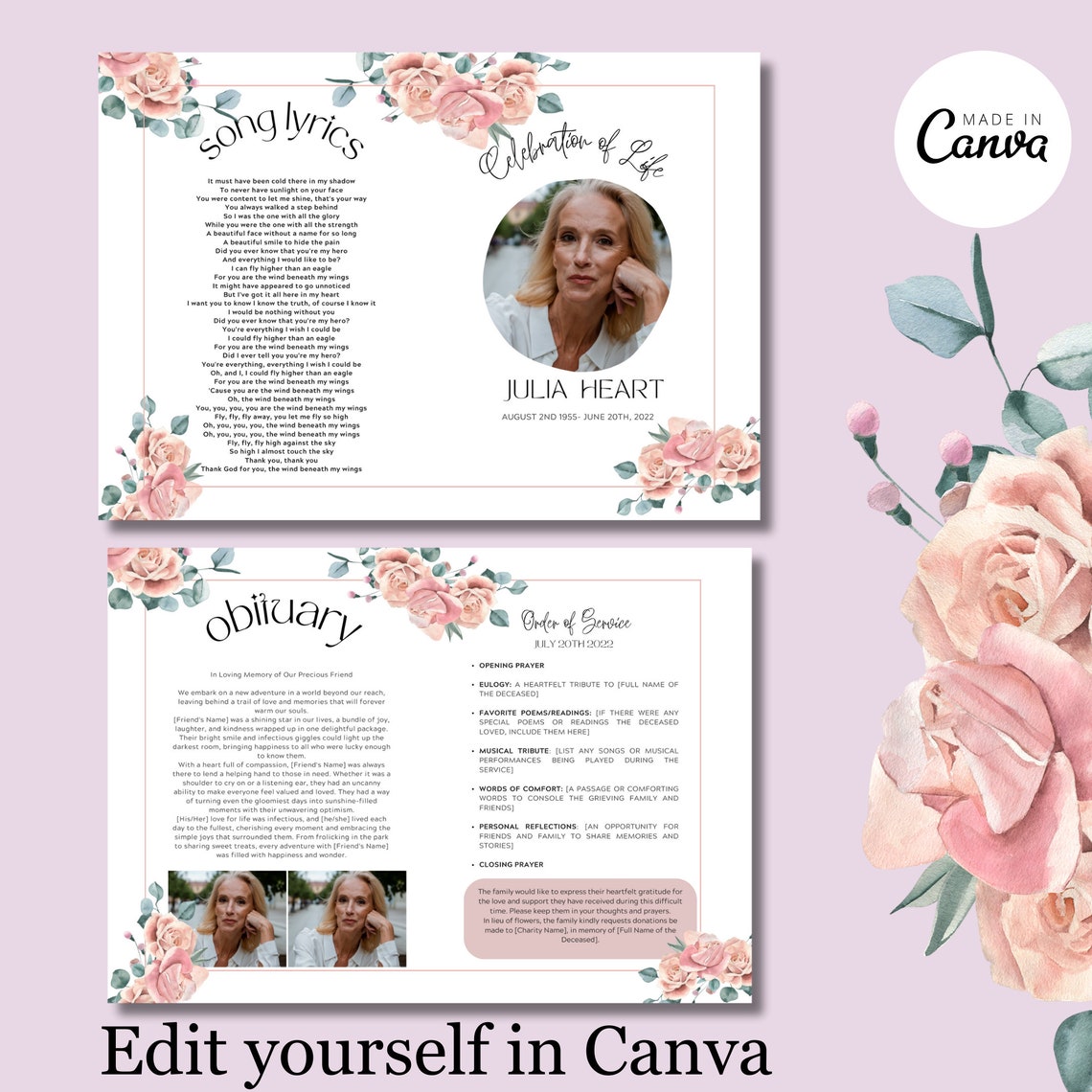 Editable Funeral Program Template, Funeral Order of Service Template ...