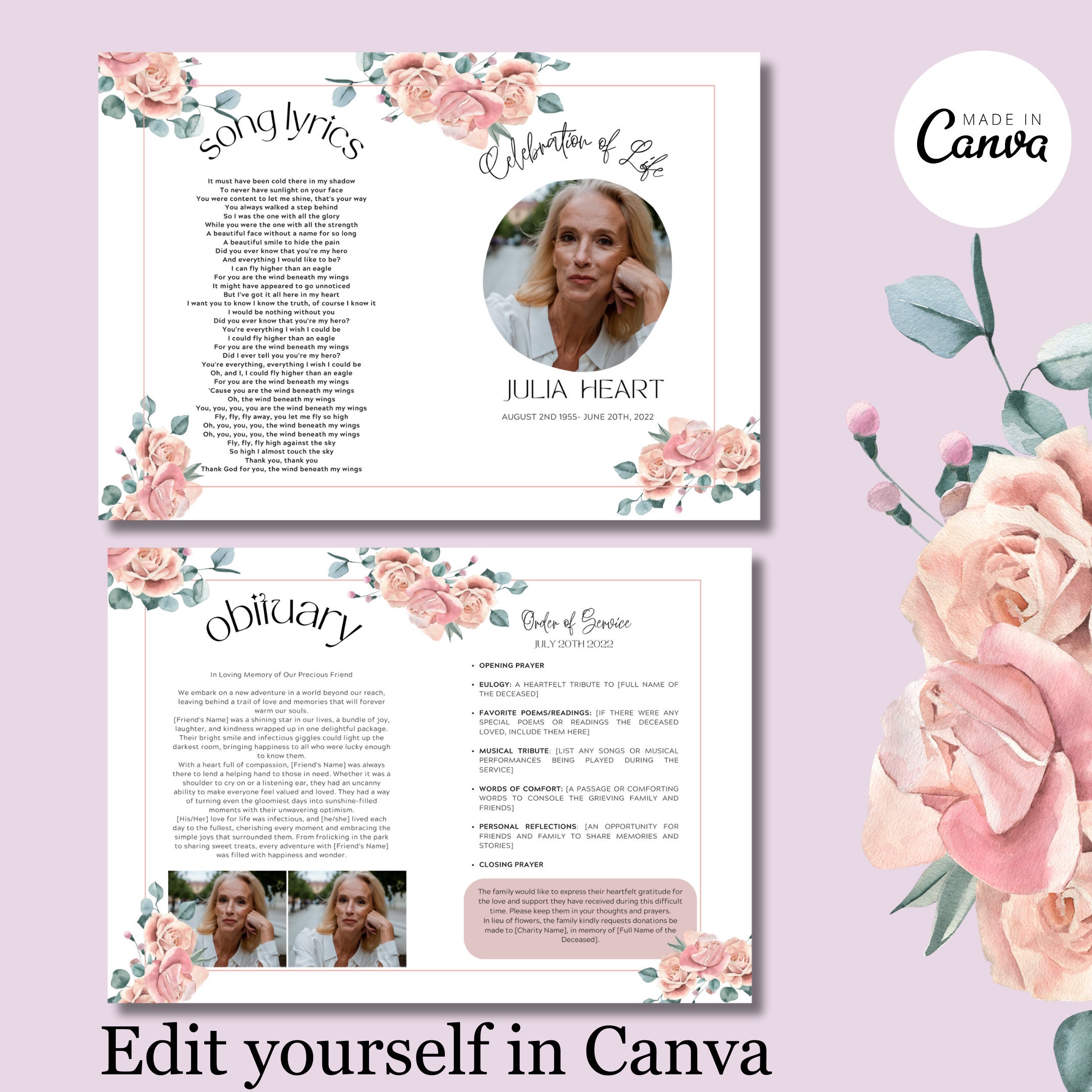 Editable Funeral Program Template, Funeral Order of Service Template, Funeral Program Template ...