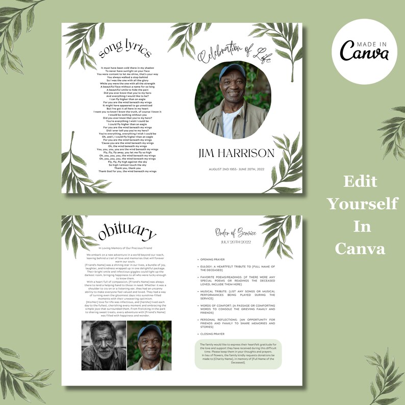 Editable Funeral Program Template, Funeral Order of Service Template ...
